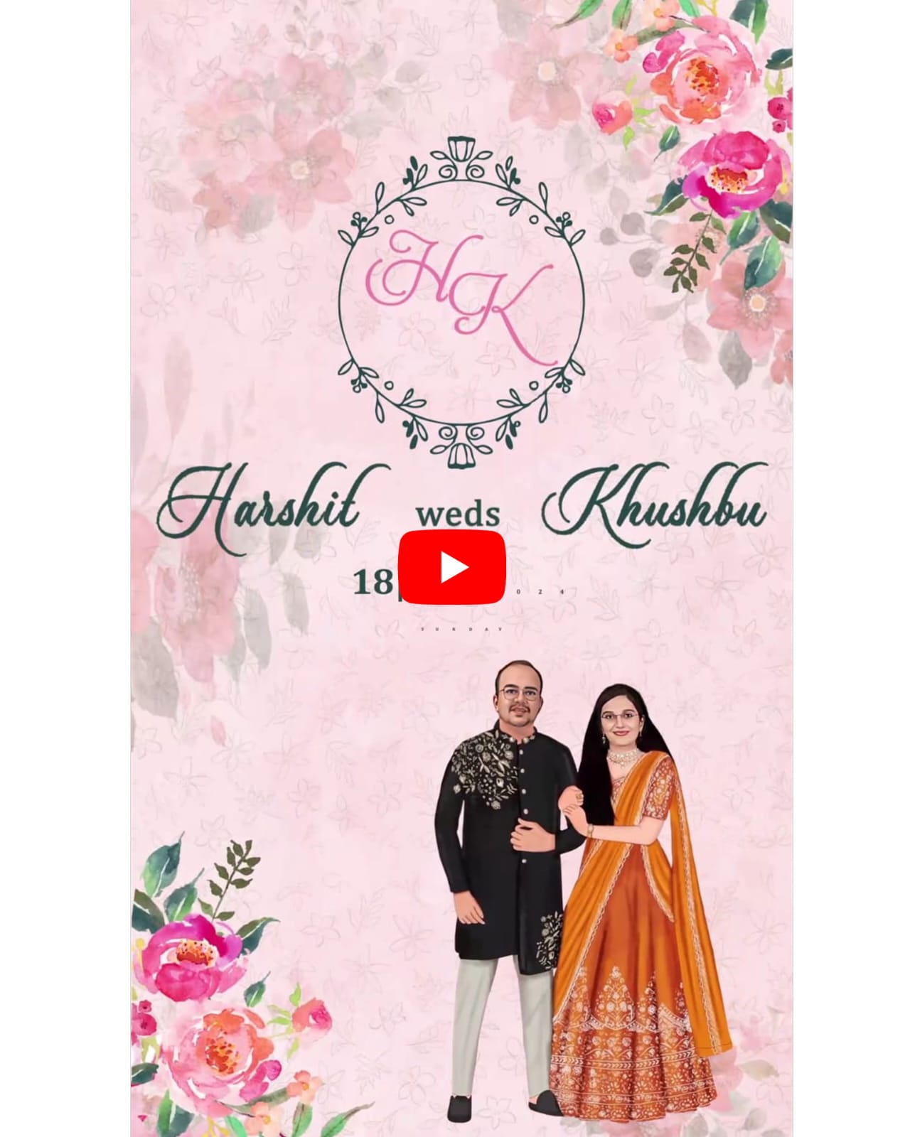 Wedding einvite with Caricature & Colorful Flowers